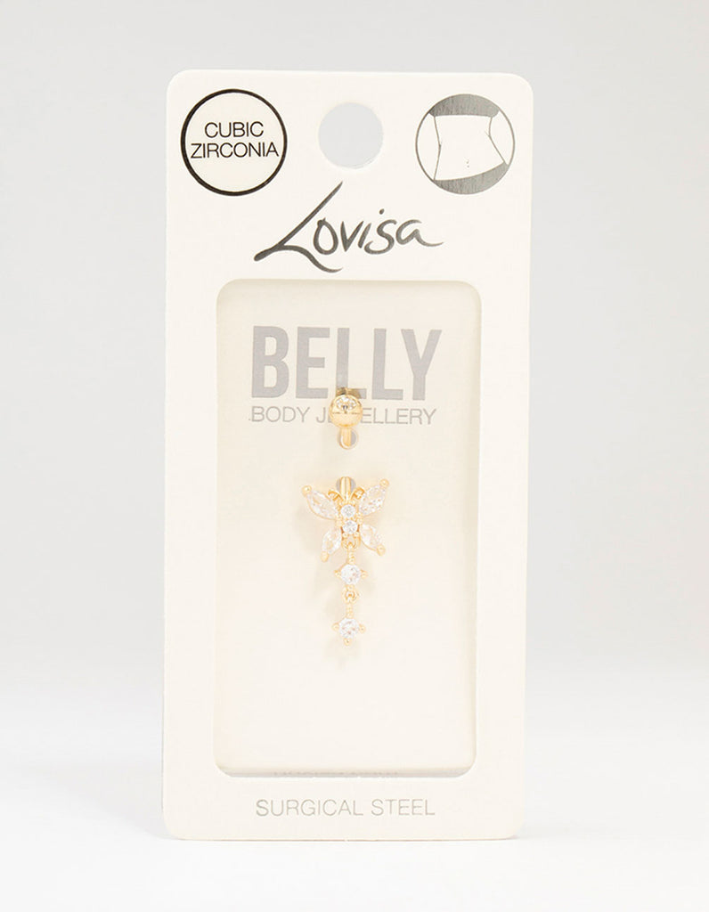 Gold Plated Surgical Steel Butterfly Crystal Belly Bar - Lovisa